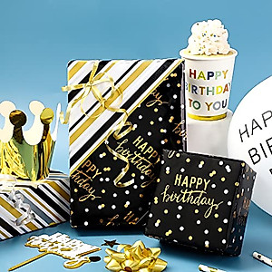 LeZakaa Reversible Birthday Wrapping Paper Roll - Happy Birthday Lettering & Stripe Design with Metallic Foil in Black- 17 inches x 32.8 Feet (46.45 sq.ft.)