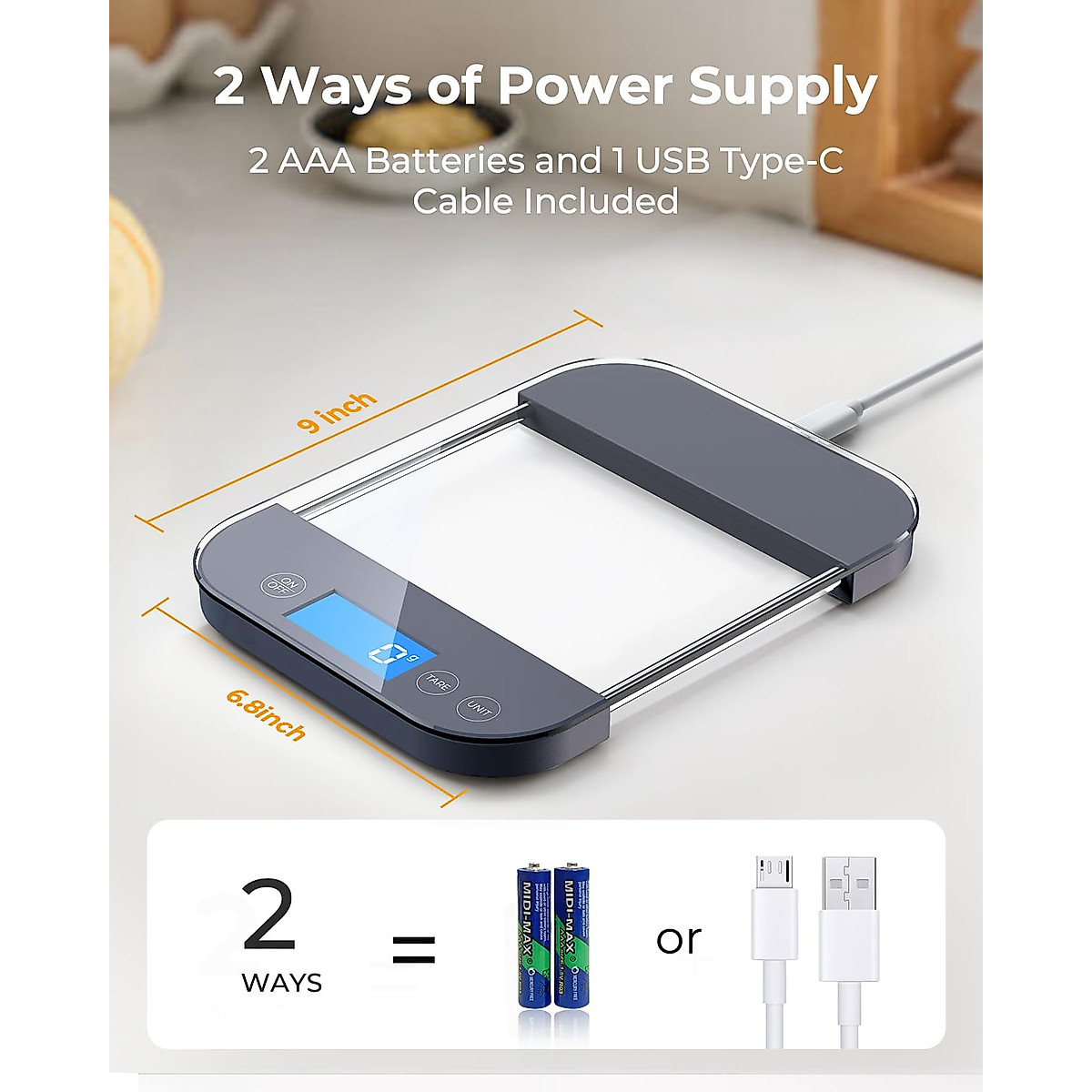 GGQ Rechargeable Food Scale Digital Weight Grams and Oz, [Max 33lb Min 1g], Full Waterproof Temepered Glass Panel, Crystal Clear Design for Kitchen Scale, Grey