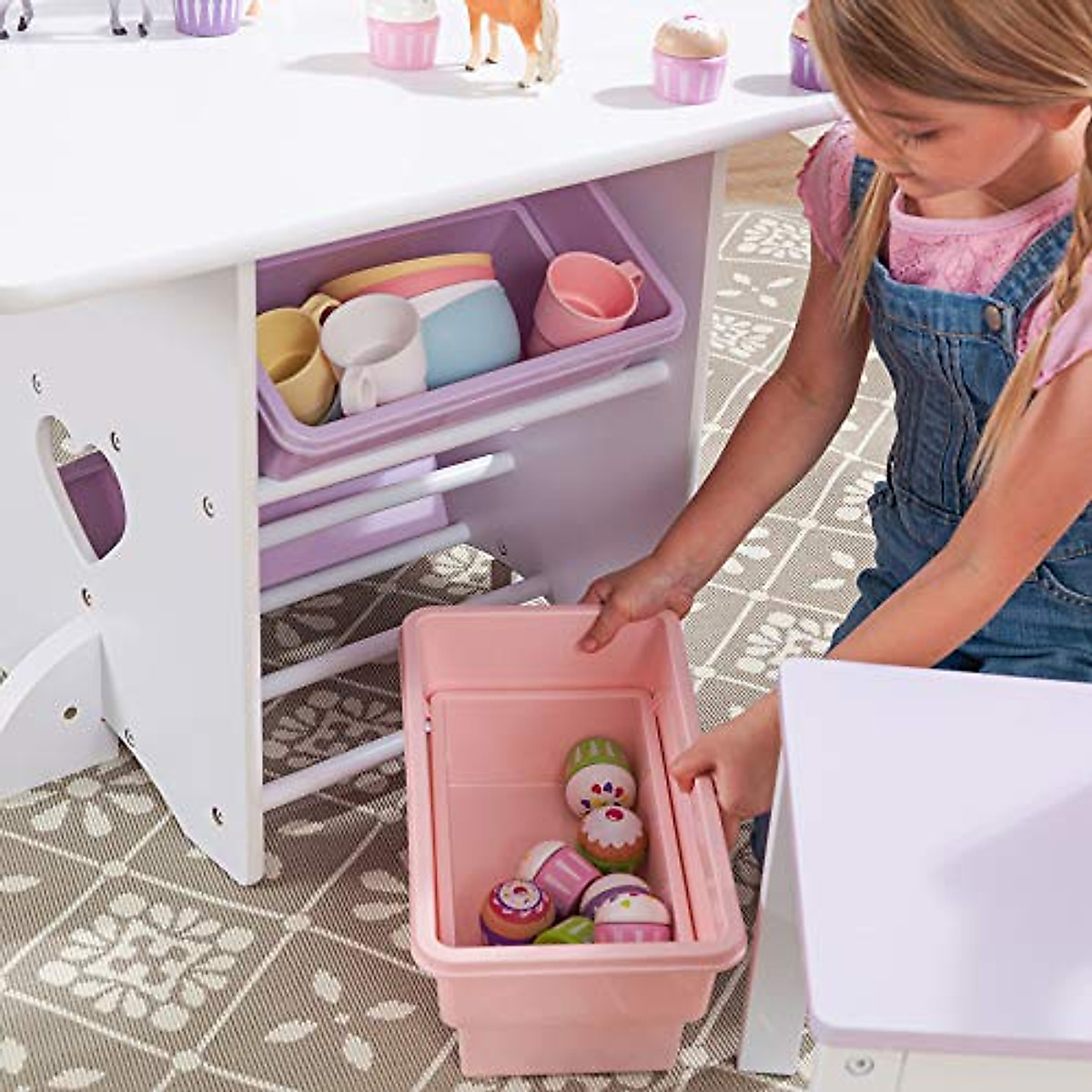 KidKraft Wooden Heart Table & Chair Set with 4 Storage Bins, Children's Furniture – Pink, Purple, White, Gift for Ages 3-8, 30.4 x 22.4 x 19.5