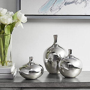 Madison Park Signature Ansen Ceramic Handmade Vase Set Home Décor - Metallic Accent Living Room Decoration Ideal for Shelf, Side Table, Mantle Ornaments, Multi Size, Silver 3 Piece