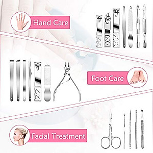 Teamkio 18pcs Manicure Set Pedicure Nail Clippers Set Travel Hygiene Kit Stainless Steel Professional Cutter Care Set Scissor Tweezer Knife Ear Pick Tools Grooming Kits with Leather Case (18pcs, Pink)