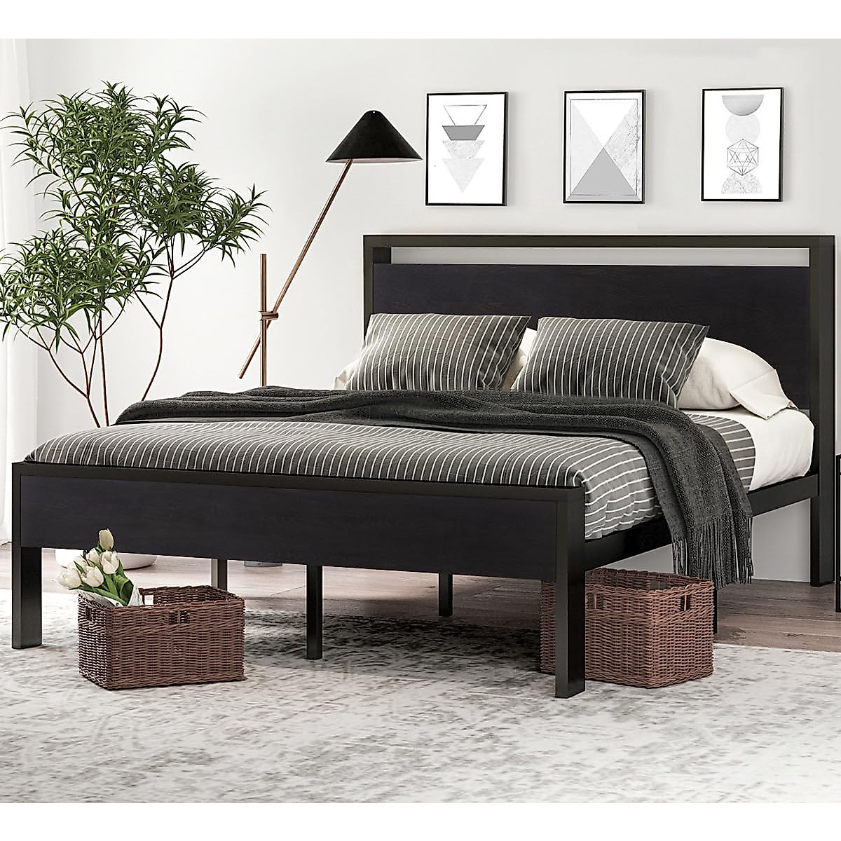 SHA CERLIN 14 Inch Full Size Metal Platform Bed Frame with Wooden Headboard and Footboard, Mattress Foundation, No Box Spring Needed, Large Under Bed Storage, Non-Slip Without Noise, Black Oak