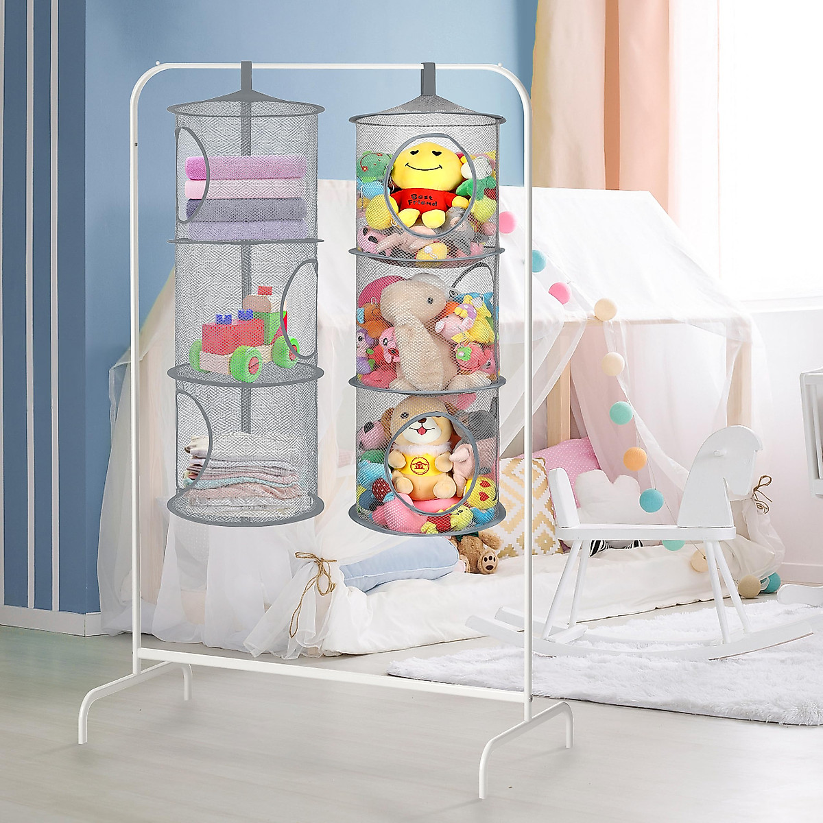 coastal rose 2Pcs Stuffed Animal Storage Foldable Stuffed Animal Net or Hammock Organizer, 3 Compartments Hanging Mesh Toy Storage Hammock for Kid Room Toys, Gloves, Hats, Socks（Grey）