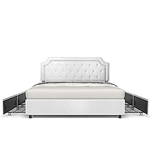 BONSOIR Queen Size Storage Bed Frame Upholstered Low Profile Traditional Platform with Tufted and Nail Headboard/4 Pull Out Drawers/White Faux Leather