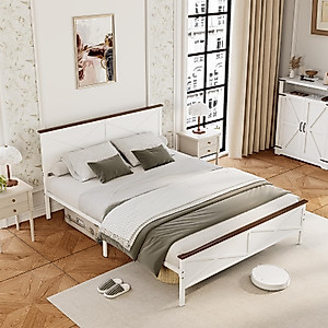 VOPEAK Farmhouse Queen Bed Frame with Headboard and Footboard, Bed Frame Queen Size Metal Platform with Under Bed Storage, Noise Free, No Box Spring Needed, Easy to Install, Sturdy & Stable, White
