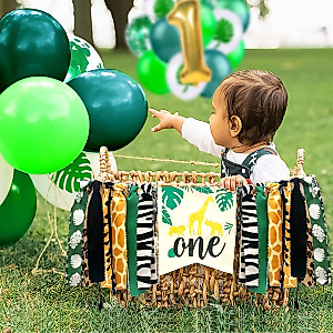 FVABO Wild One Birthday Decorations - Jungle Theme Party Supplies Include Leaf, Baby Photo Banner, Highchair Banner, Topper, Balloons Garland Arch, Crown, for 1st Animal Safari Birthday Party Decor