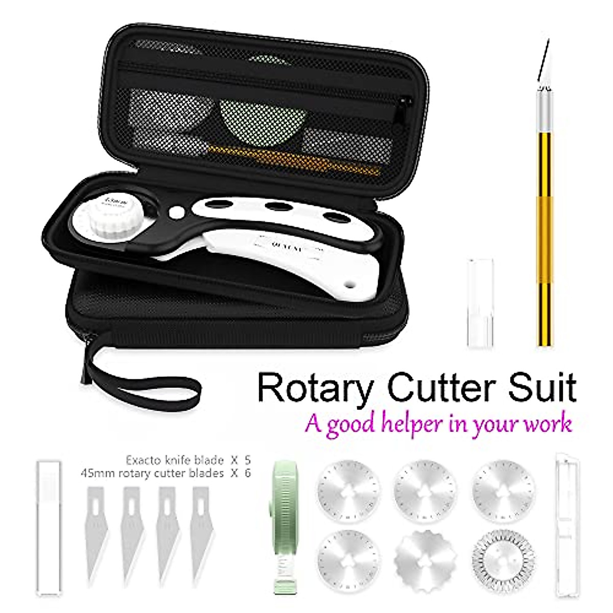 Rotary Cutter,Rotary Cutter for Fabric 45mm with Safety Lock Suitable for Cutting Fabric,Paper,Vinyl,Felt,Leather,Etc,Including Special Storage Box,6 Replacement Blades,Precision Knife,Tape Measure