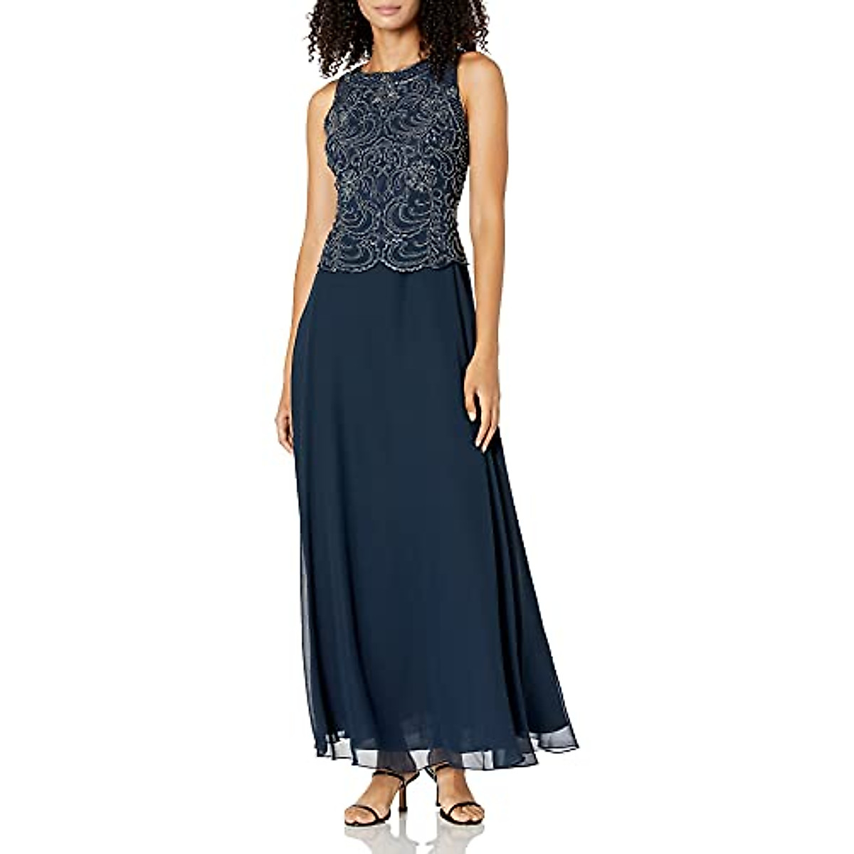 J Kara Women's Sleeveless Scallop Long Beaded Dress W/Scarf, Navy/Grey, 12