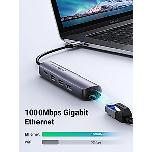 UGREEN USB C Hub 60Hz, 5-in-1 Gigabit USB C to Ethernet Adapter with 4K HDMI, 100W Power Delivery, 2 USB 3.0, Compatible with MacBook, iPad Pro, iPhone 15 Pro/Pro Max, Dell, HP, Surface, Switch