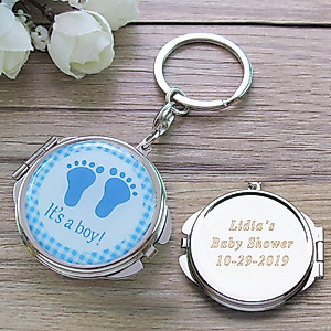 12 PCS Personalized Baby Shower Blue Boy Mirror Keychain Favors with Baby Footprint Design Custom Engraving Gift