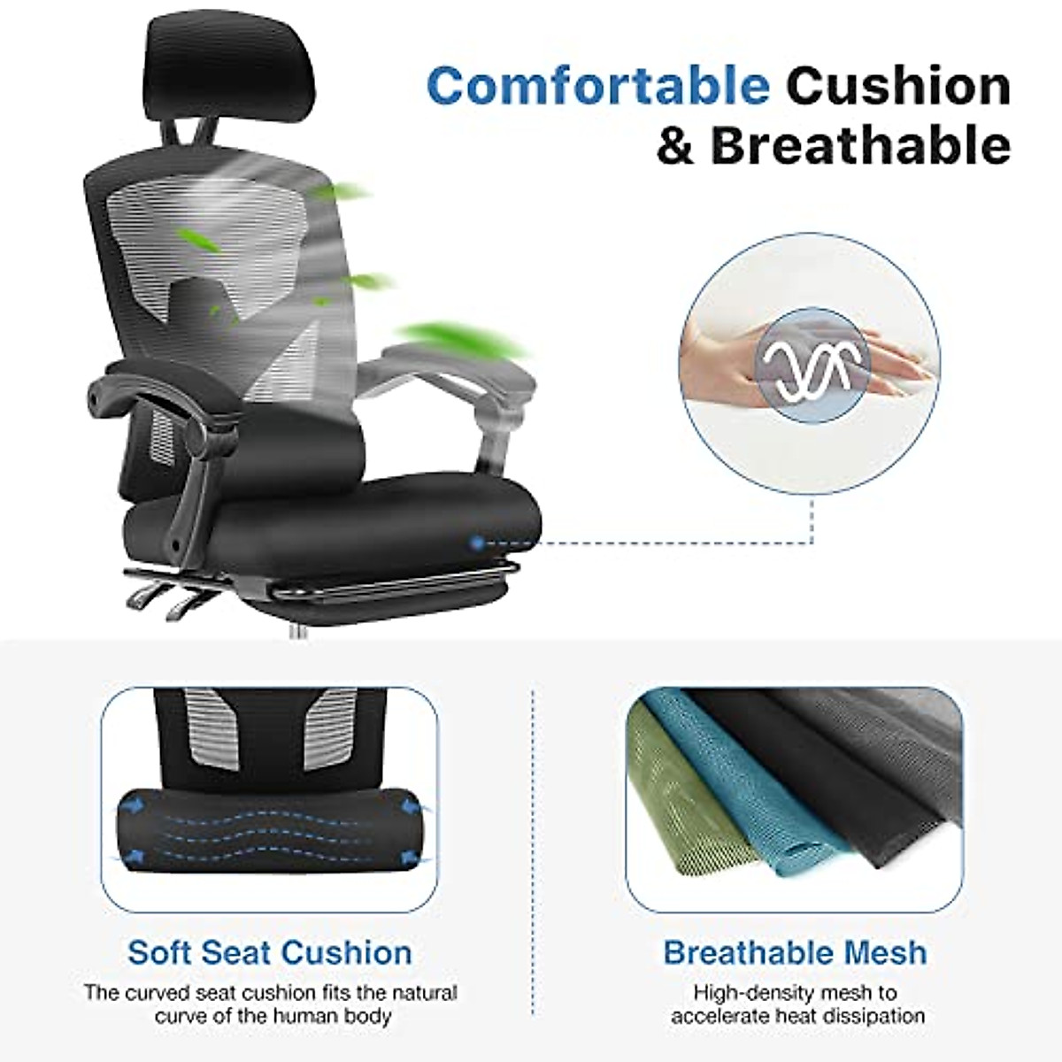 Ergonomic Office Chair, High Back Office Chair with Lumbar Pillow and Retractable Footrest, Mesh Office Chair with Padded Armrests and Adjustable Headrest, Swivel Rolling Chair, Height Adjustable