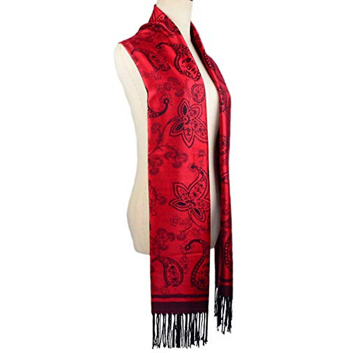 Iristide Women's Pashmina Shawl Paisley Pattern Scarf Tassels Wrap Colorful Ethnic (2005-Red &Black)