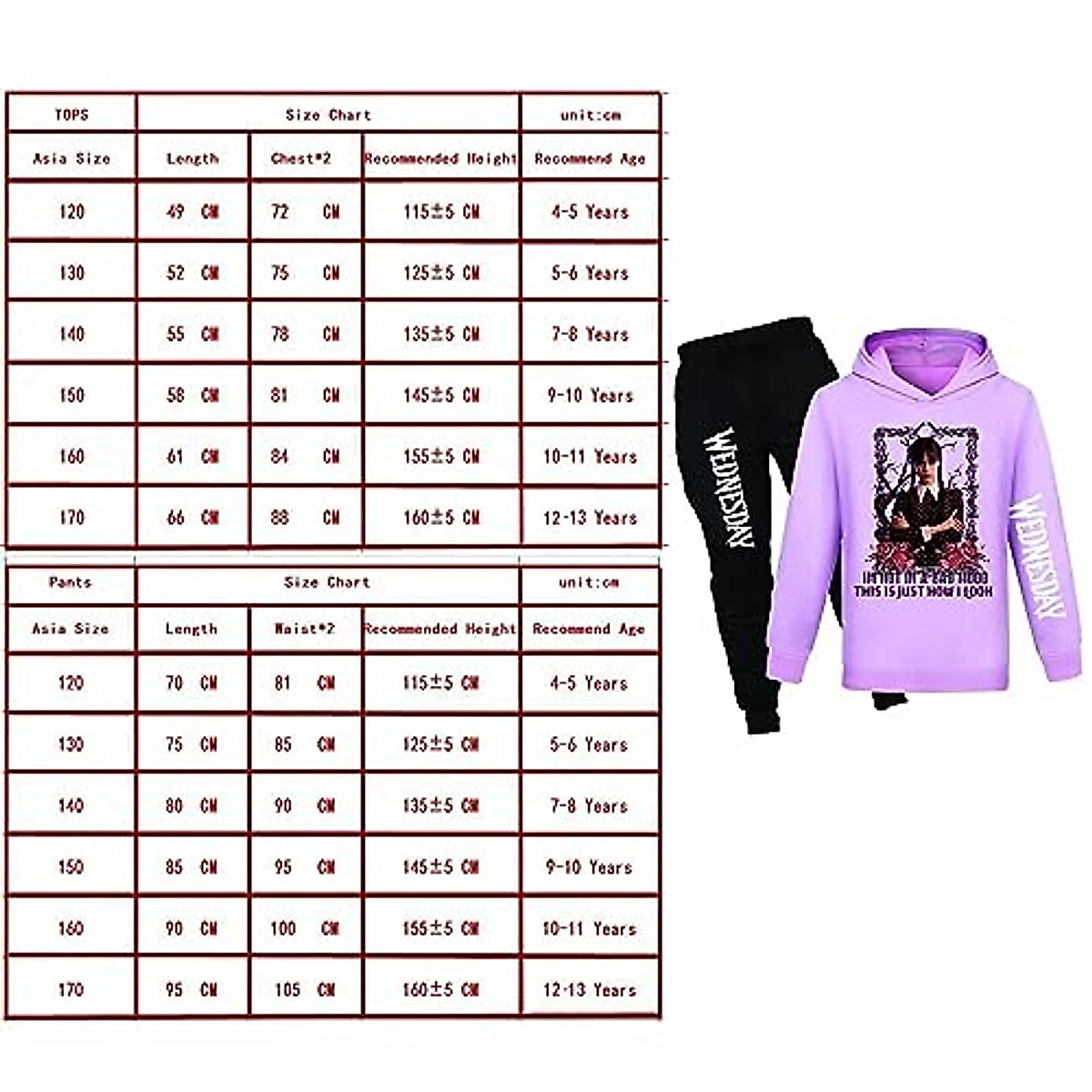 Zgekmby Girls Tracksuit Set Addams Family Wednesday Hoodies Casual 2Pcs Clothes Set Kids Sweatshirts Fashion Long Pullover (7-8 Years, Purple)