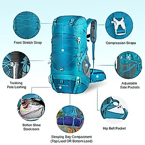 WTVIDAS 50L Lightweight Hiking Backpack for Women and Men with Rain Cover,Outdoor Sport Travel Daypack for Climbing Touring(lake blue)