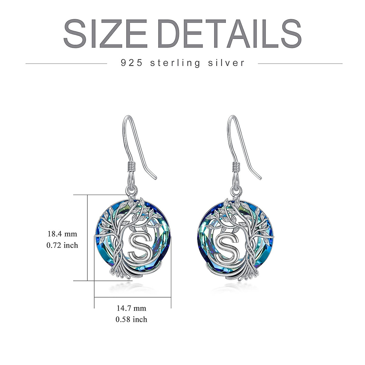 TOUPOP Tree of Life Initial Earrings 925 Sterling Silver Initial S Letter Drop Dangle Earrings with Blue Circle Crystal Family Tree Jewelry Anniversary Birthday Christmas Gifts for Women