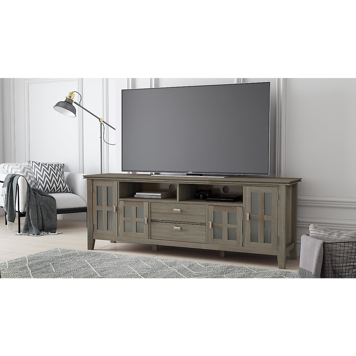 SIMPLIHOME Artisan SOLID WOOD Universal TV Media Stand, 72 inch Wide, Transitional, Living Room Entertainment Center, Storage Cabinet, for Flat Screen TVs up to 80 inches in Distressed Grey