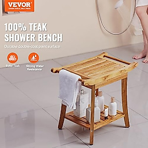 VEVOR Teak Shower Bench with Handles, 22in Waterproof Wood Shower Stool with Storage Shelf Non-Slip Feet, 300 lbs Load Capacity Shower Chair Seat, for Bathroom Indoor and Outdoor Use