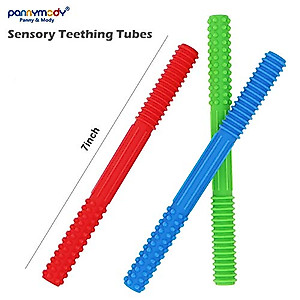 Sensory Teething Tubes(3 Pack), Soft Silicone Teether Toy for Babies - Therapeutic Chewy Stick for Kids, Boys and Girls with Autism, ADHD, SPD, Biting, Chewing, Oral Motor Needs(Blue,Green,Red)