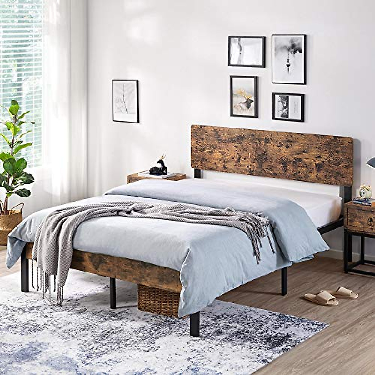 Yaheetech Metal Platform Bed Frame Full with Wood Headboard and Iron Slats, Rustic Country Bed Base with Mattress Foundation/Strong Slats Support/12 Inch Underbed Storage/No Box Spring Needed, Brown