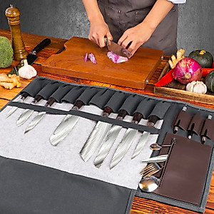 DEQIS Knife Roll Chef Waxed Canvas Bag Storage 13 Slots and 1 Large Zipper Pocket Carry Shoulder Strap Handle and Name Card Professional Folding Cooking Tools Case Organizer,Knives Not Included,Black