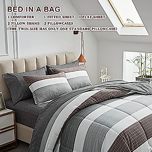 Joyreap 7 Piece Bed in a Bag Full/Queen, Light Gray n Brown Stripes Design, Soft Microfiber Comforter Set for All Season (1 Comforter, 2 Pillow Shams, 1 Flat Sheet, 1 Fitted Sheet, 2 Pillowcases)