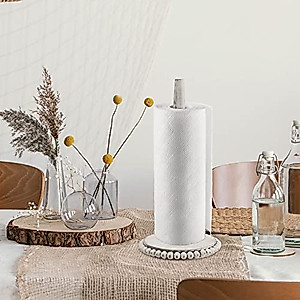 Farmhouse Paper Towel Holder Washed Beaded Paper Towel Stand Wood Paper Hanger Rack Standing Towel Roll Stand Organizer Paper Roll Holder Roll Dispenser for Kitchen Bathroom Countertop Cabinet, White