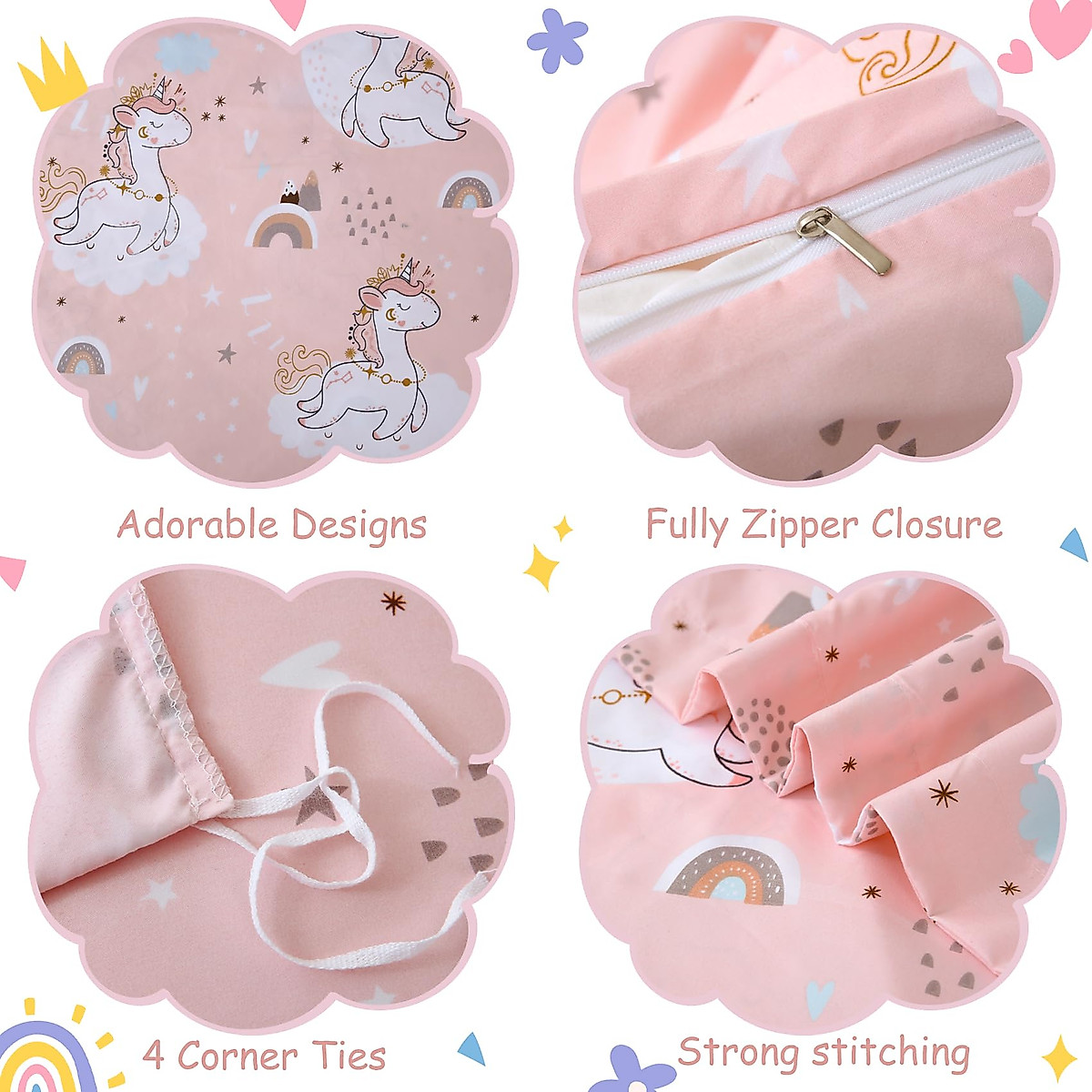 JSD Pink Unicorn Kids Duvet Cover Set Twin Size, 2 Piece Girls Printed Microfiber Bedding Comforter Cover with Pillow Sham Zipper Closure