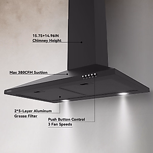 Hermitlux Range Hood 30 inch, Wall Mount Vent Hood for Kitchen with Charcoal Filter, Ducted/Ductless Convertible, Black