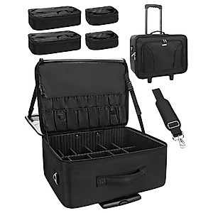 MONSTINA Rolling Makeup Train Case,Trolley Cosmetic Case,3-Layer Cosmetic Organizer,Extra Large Makeup Travel Bag for Hairstylist, Trolley Travel Hairdressing Case with Adjustable Divider(Black)