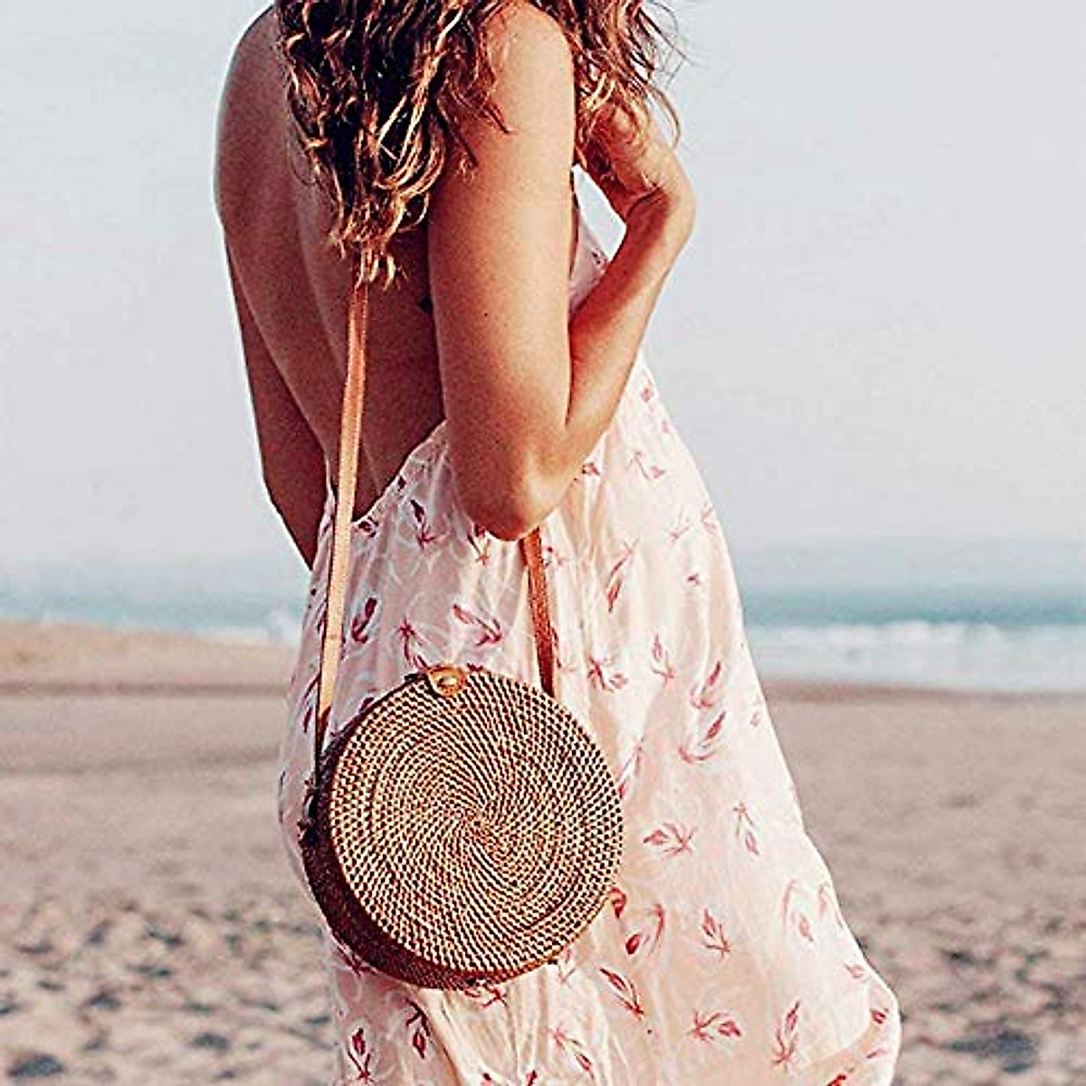 Kbinter Handwoven Round Rattan Straw Bag for Women Shoulder Leather Button Straps Natural Chic Handmade Boho Bag Bali Purse (1 Pack)