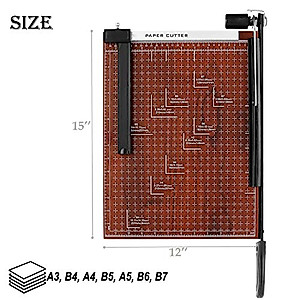 Vailsa Guillotine Paper Cutter, A3-B7 Paper Trimmer with Safety Lock, 15" Cut Length, 12 Sheet Capacity (Red)