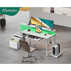 AODK 55" Computer Desk with Fabric File Cabinet and Drawer, Reversible Office Desk with Power Outlet and LED Light, Study Desk with Printer Stand, Keyboard Tray, Full Monitor Riser and PC Stand, White
