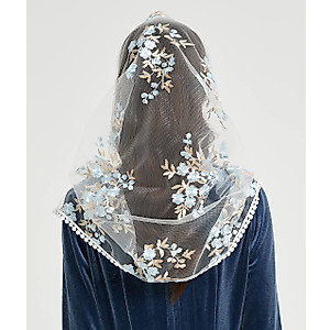 YuRongsxt Lace Infinity Chapel Veil Mantilla Veil Multicolored Embroidered Cherry Blossom Style Latin Mass M7 (Marian Blue+Pale Gold)