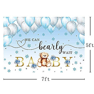 MEHOFOND 7x5ft Winter Snowflake Bear Boy Baby Shower Backdrop We Can Bearly Wait Bear Blue and Silver Balloons Photography Background Party Decor Cake Table Decor Banner Photo Booth