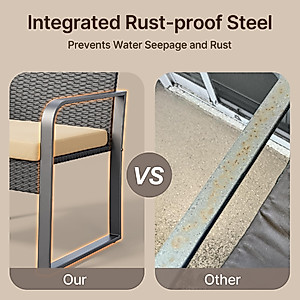 Gizoon 3 Pieces Patio Bistro Sets, Outdoor Rattan Conversation with Glass Table, Wicker Furniture Set with Cushion, for Backyard, Porch, Poolside, Lawn, Beige