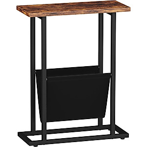 Narrow Side Table for Small Spaces, Small End Table with Magazine Holder Table, Skinny Slim Little Thin Table for Living Room, Bedroom, Sofa, Rustic Brown