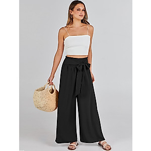 Caracilia Womens Summer Fall High Waisted Flowy Work Casual Boho Palazzo Pants Wide Leg Long Lounge Pant Trousers with Pocket Business Office Elastic Waist A1206heise-XL Black,X-Large
