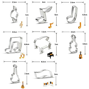 Music Note Cookie Cutter Shapes Set - 8 Pieces Stainless Steel Metal G Clef, Eighth Note, a Quarter Note, Piano, Violin, Guitar, Piano Keyboard Musical Instruments Biscuit Fondant Cookie Cutters Molds