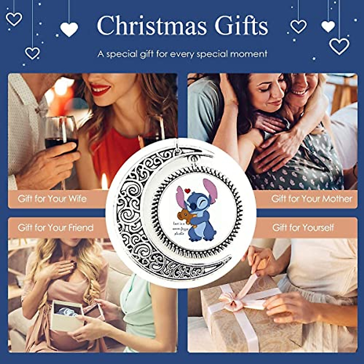 Mothers day Moon Pendant Sittch & Bear Love Is a Warm Fuzzy Plushie Charm Crescen Necklace Jewelry Gift