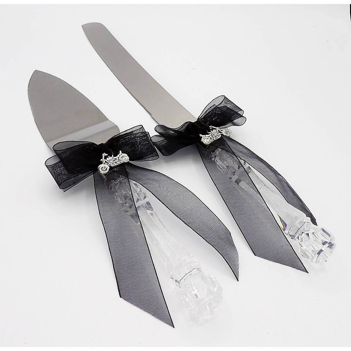 Wedding party reception Cake Knife & Server Set Biker Motorcycle Black bows