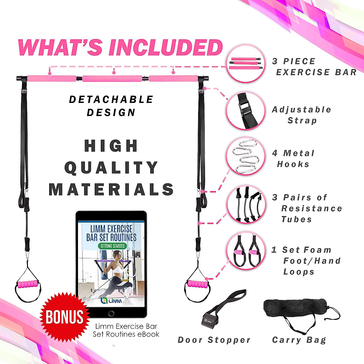 Limm Pilates Bar Kit with 6X Resistance Bands, 3-Section Pilates Bar with Adjustable Bands Workout Equipment for Legs,Hip,Waist and Arm, Muscle Toning, Stretching, Yoga