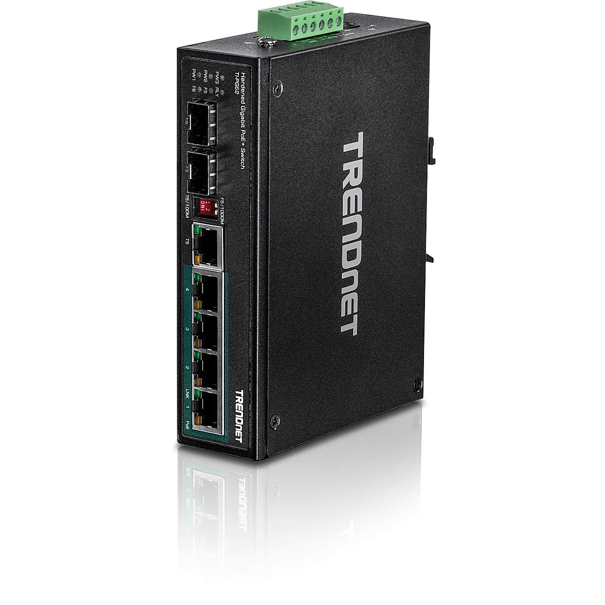 TRENDnet 6-Port Hardened Industrial Gigabit PoE+ DIN-Rail Switch,TI-PG62,4 x Gigabit PoE+ Ports, 1 x Shared Gigabit Port (RJ-45/SFP), 1 x Dedicated SFP, 120 W Power Budget, IP30,(Renewed)