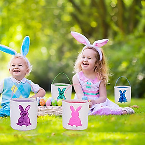 4 Pack Easter Bunny Basket Bags for Kids, Sequins Rabbit Canvas Eggs Hunt Baskets with Fluffy Tails, Tote Bag Candies Gifts Bucket for Easter Party - Blue, Purple, Pink and Green