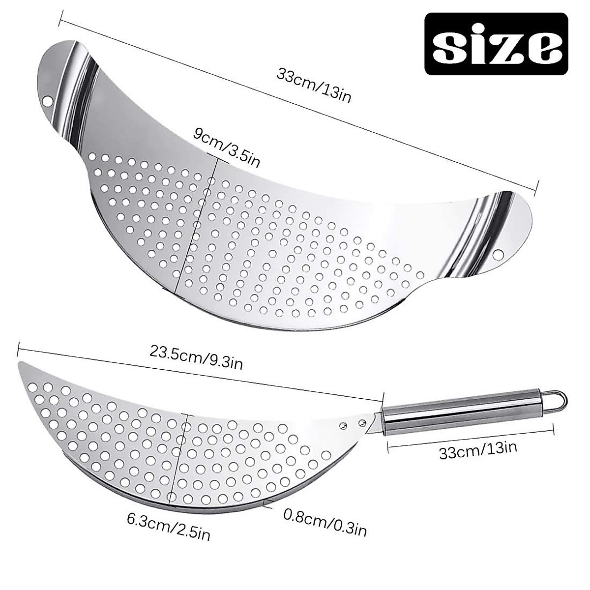 3pcs Stainless Steel Pot Strainer, Pasta Strainer Hand Held Pot Drainer with Handle, Crescent Pot Strainer Fits up to 9" Pots for Noodles Pasta Fruit Veggies