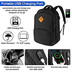 Black Backpack for School College, 15.6 Inch Anti Theft Travel Laptop Backpacks Water Resistant Computer Bag Bookbag with USB Charging Port for Women Men Teen Boys Girls