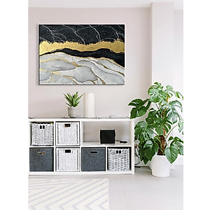 100% Hand Painted Black White and Gold Wall Art, Big Painting 28X40 Inch, Abstract Canvas Wall Art with Gold Foil Textured Art, Modern Wall Pictures for Living Room.