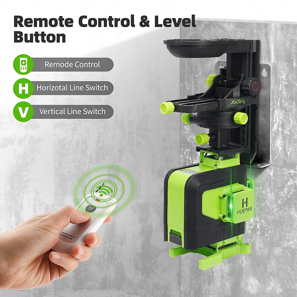 Laser Level Self-leveling Huepar 4x360 Green Cross Line Floor Laser Tool with Remote Control -2 x 360 Horizontal/Vertical Lines Nivel láser with Rechargeable Li-ion Battery & magnetic Bracket-904DG