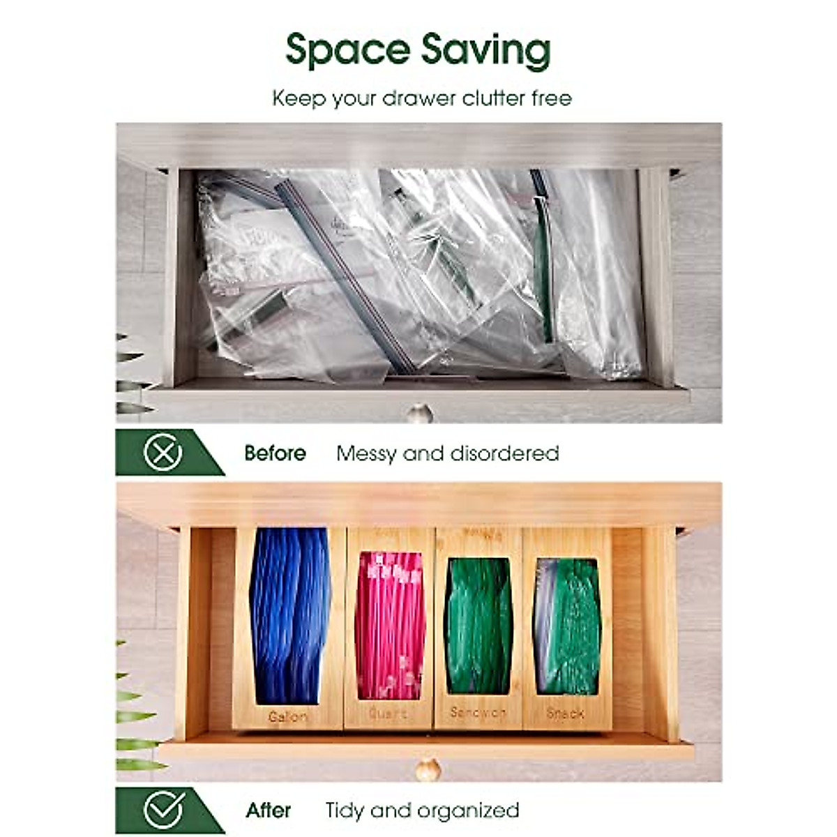 Kootek Ziplock Bag Organizer, 4 Pack Bamboo Food Storage Bag Holders Baggie Organizers Boxes for Kitchen Drawer Suitable for Gallon, Quart, Sandwich, Snack and Variety Size Bags