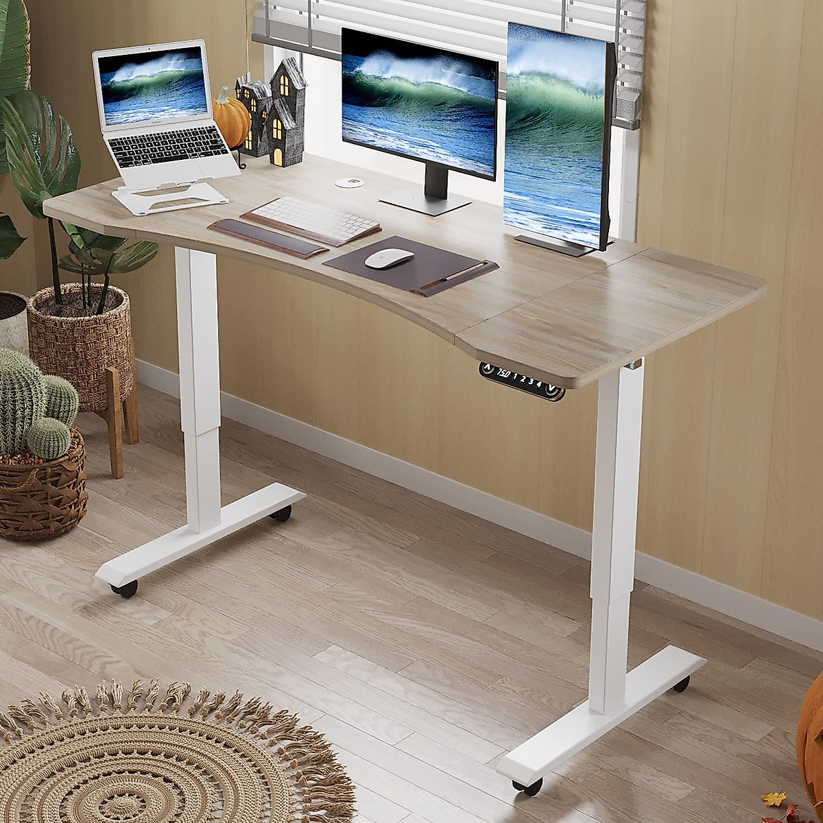 BUNOEM Height Adjustable Electric Standing Desk, 55x30 Height Stand Up Computer Desk,Sit and Stand Home Office Desk with Splice Board (Oak Top & White Frame)