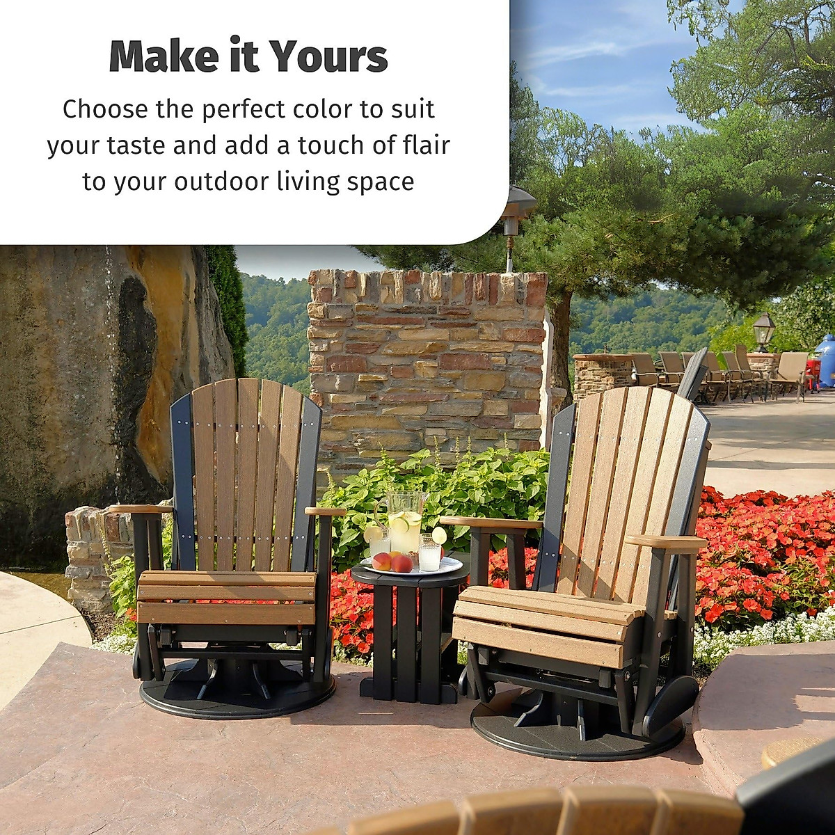 LuxCraft 2' Adirondack Outdoor Swivel Glider Chair, Patio Glider Rocker, Outdoor Swivel Rocker Chair, Glider Rocking Chair (Weatherwood & Black)